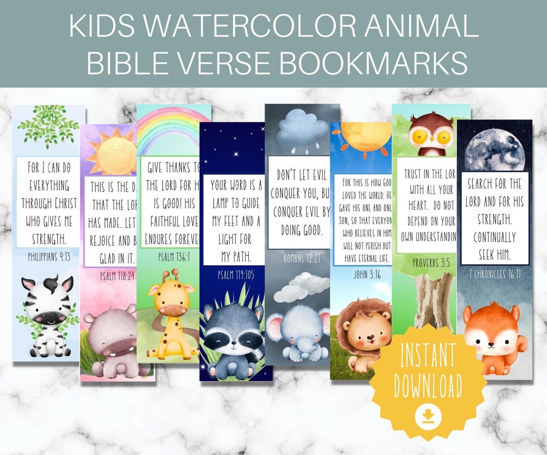 Kid's Bookmarks With Bible Verses, Watercolor Animals, Printable PDF - Etsy
