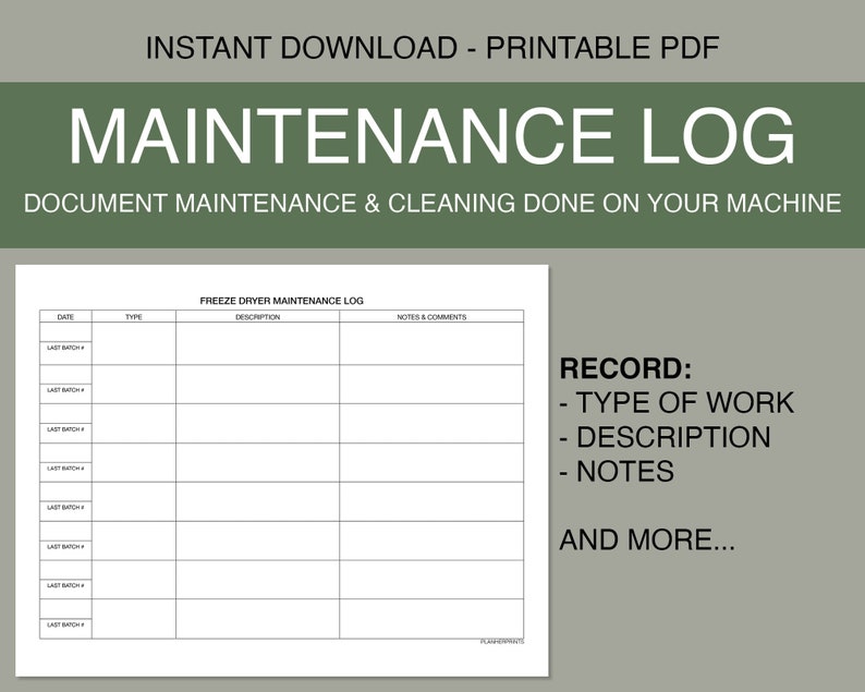 Freeze Dryer Batch Log Maintenance Records Printable PDF Food ...