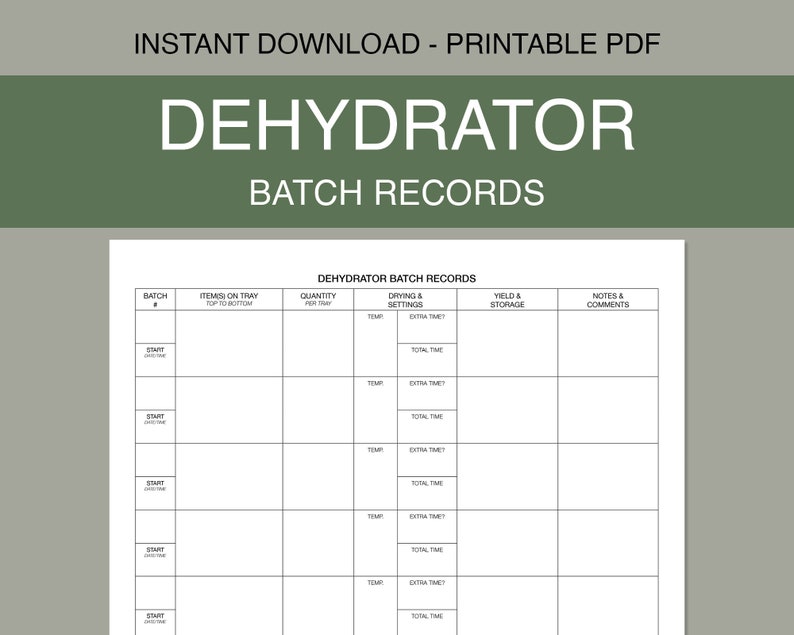Dehydrator Batch Record Keeping Printable | Dehydrated Food Tracking ...