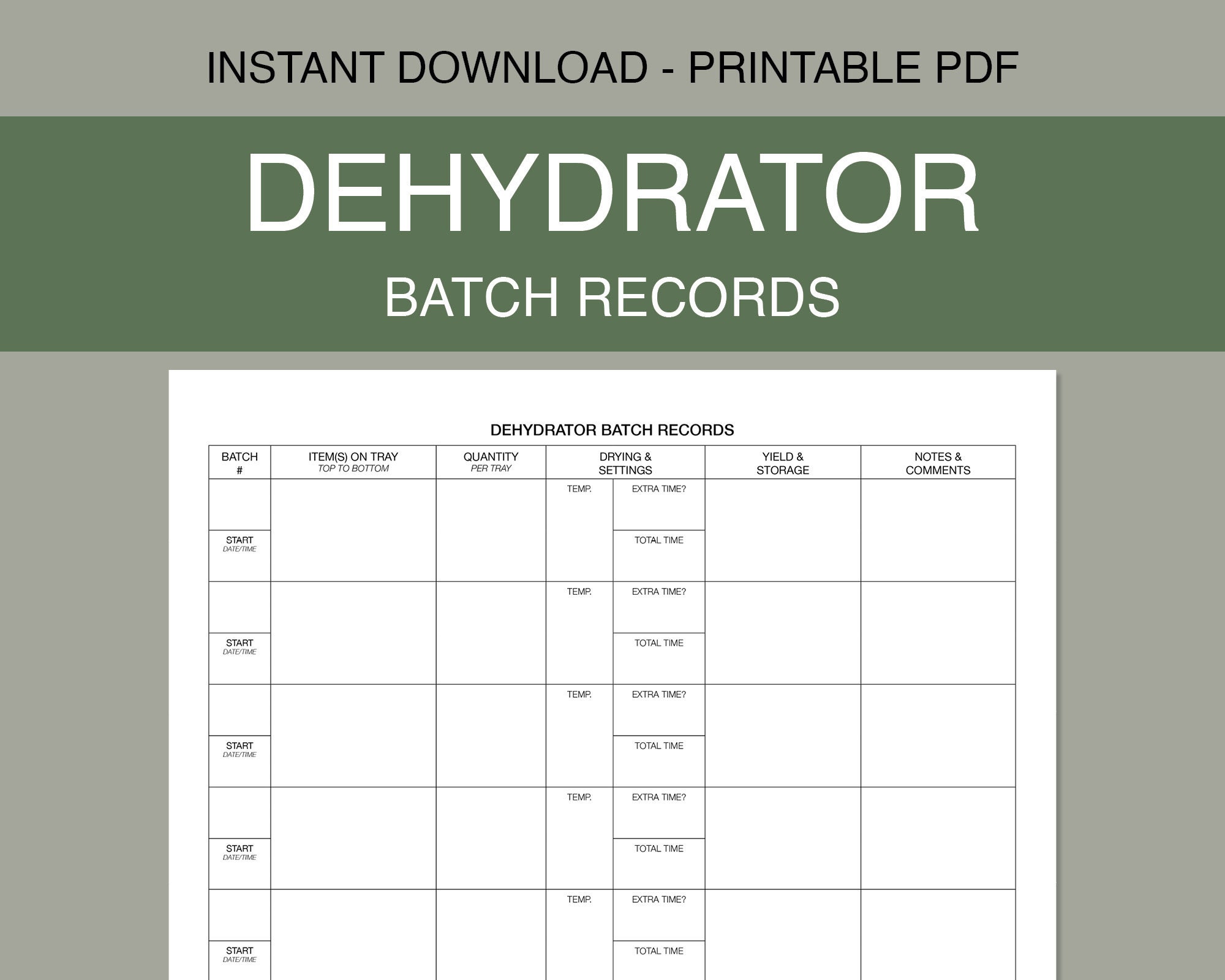 Dehydrator Batch Record Keeping Printable | Dehydrated Food Tracking ...