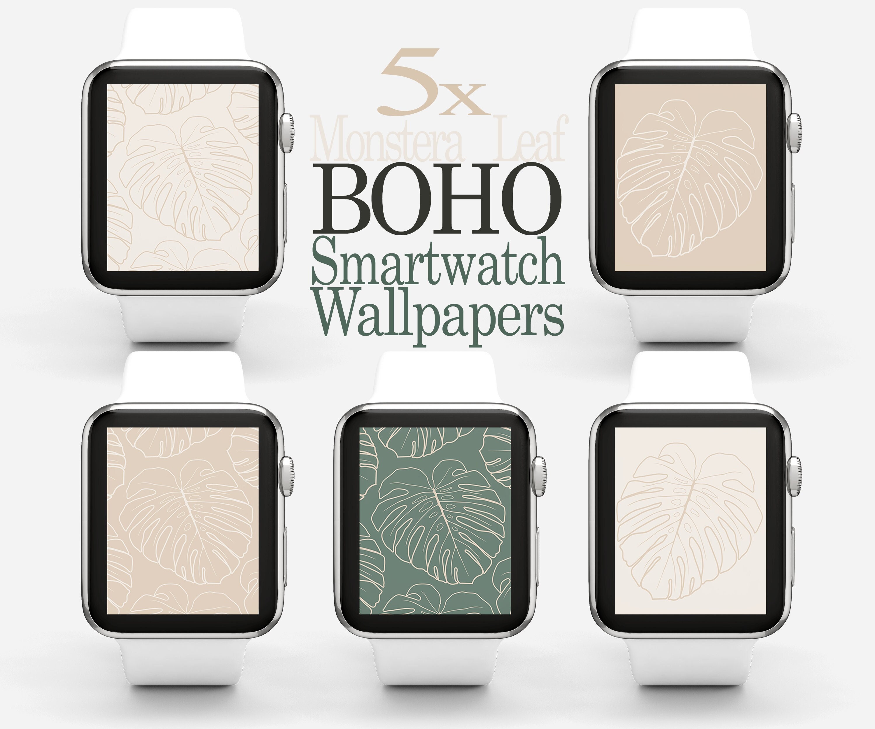 Monstera Leaf Apple Watch Face Wallpaper: Boho Plant Art (5 Pcs ...