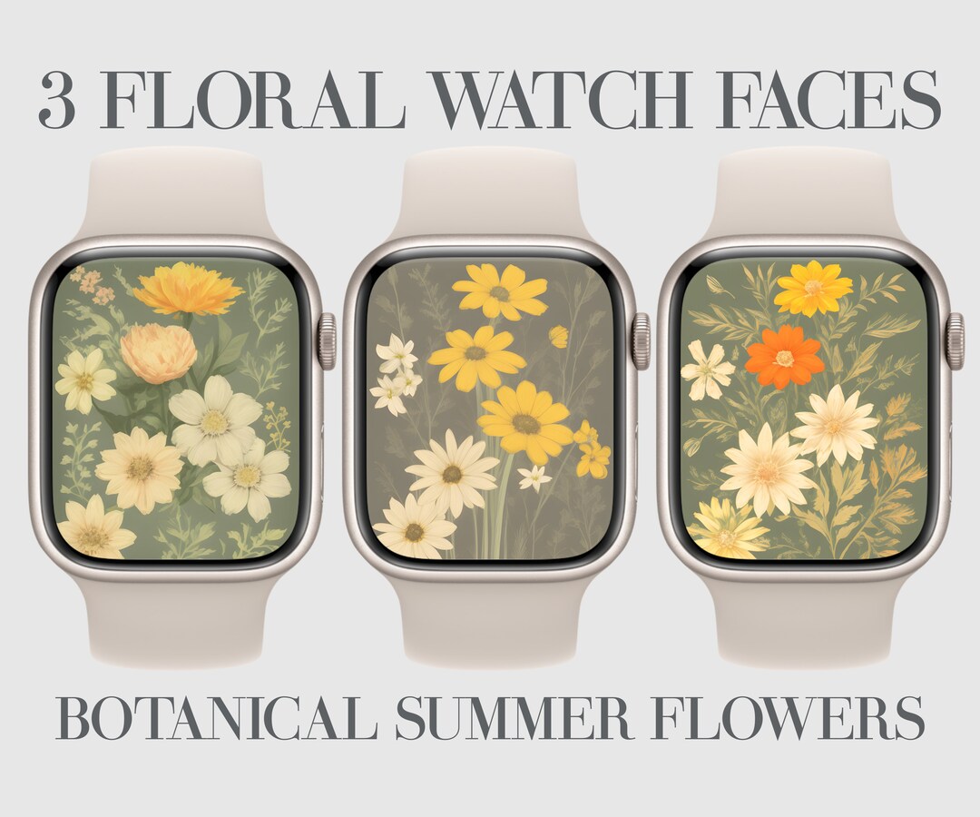3 Floral Apple Watch Faces, Cottagecore Botanical Design (digital ...