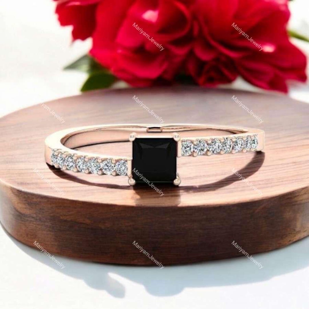 Dainty Black Onyx Minimalist Engagement Proposal Ring Princess Cut Onyx ...