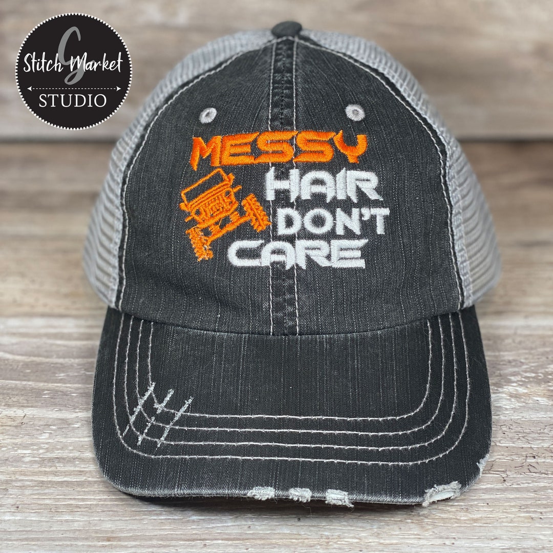 Messy Hair Don't Care | Embroidered Distressed Mesh Back Hat, Baseball ...