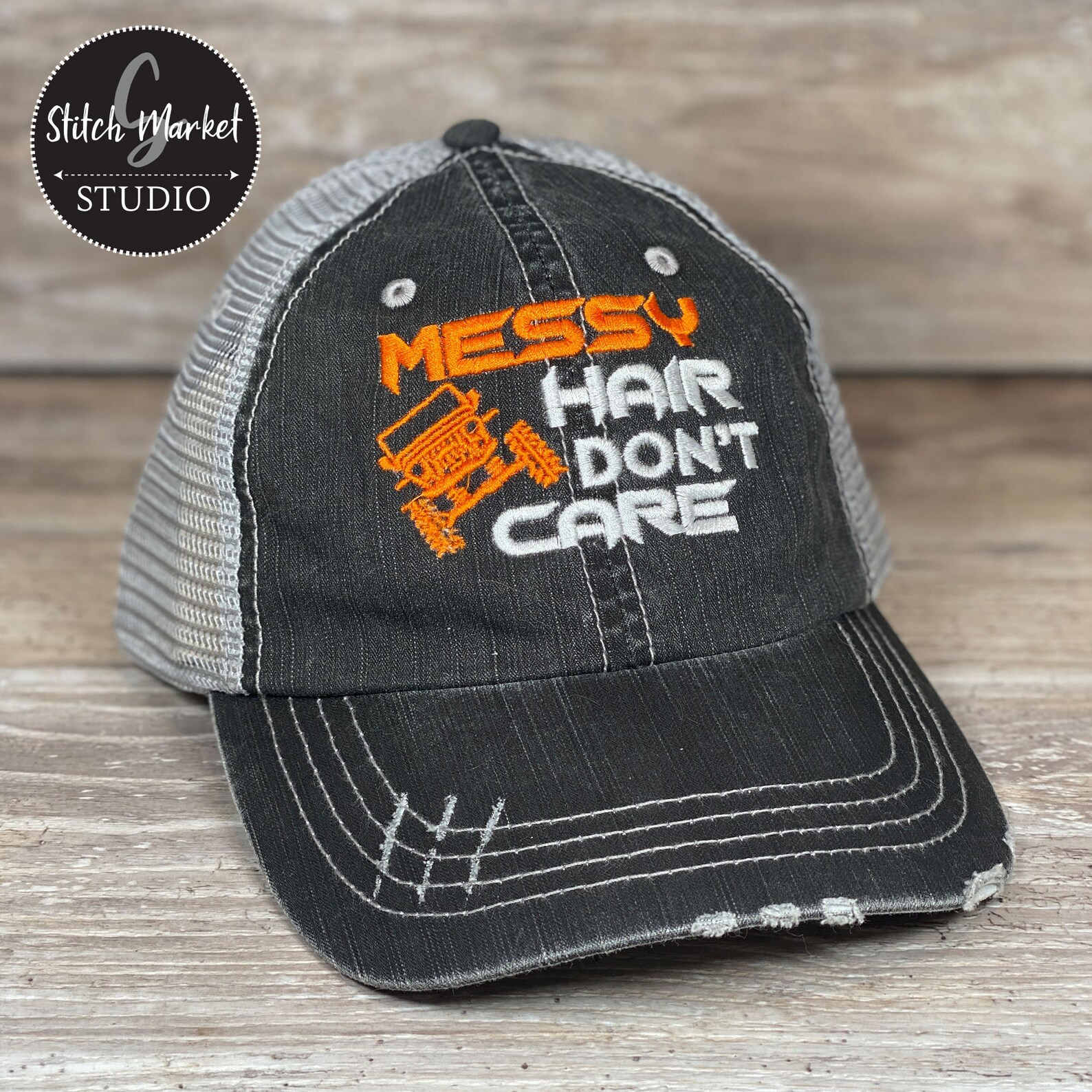 Messy Hair Don't Care Embroidered Distressed Mesh Back - Etsy