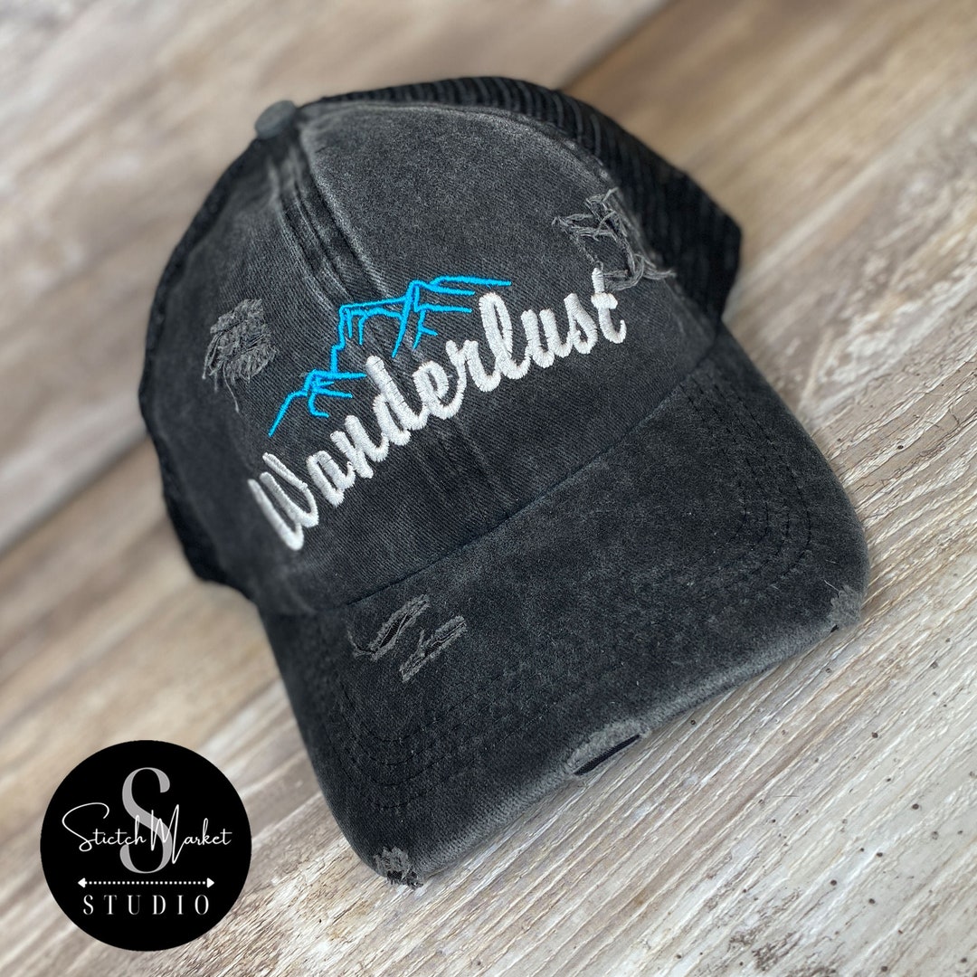 Wanderlust Embroidered Ponytail Mesh Back Distressed Hat, Messy Bun ...