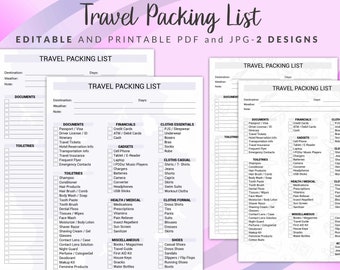 Editable Travel Packing List, Travel Packing List Printable, Packing ...