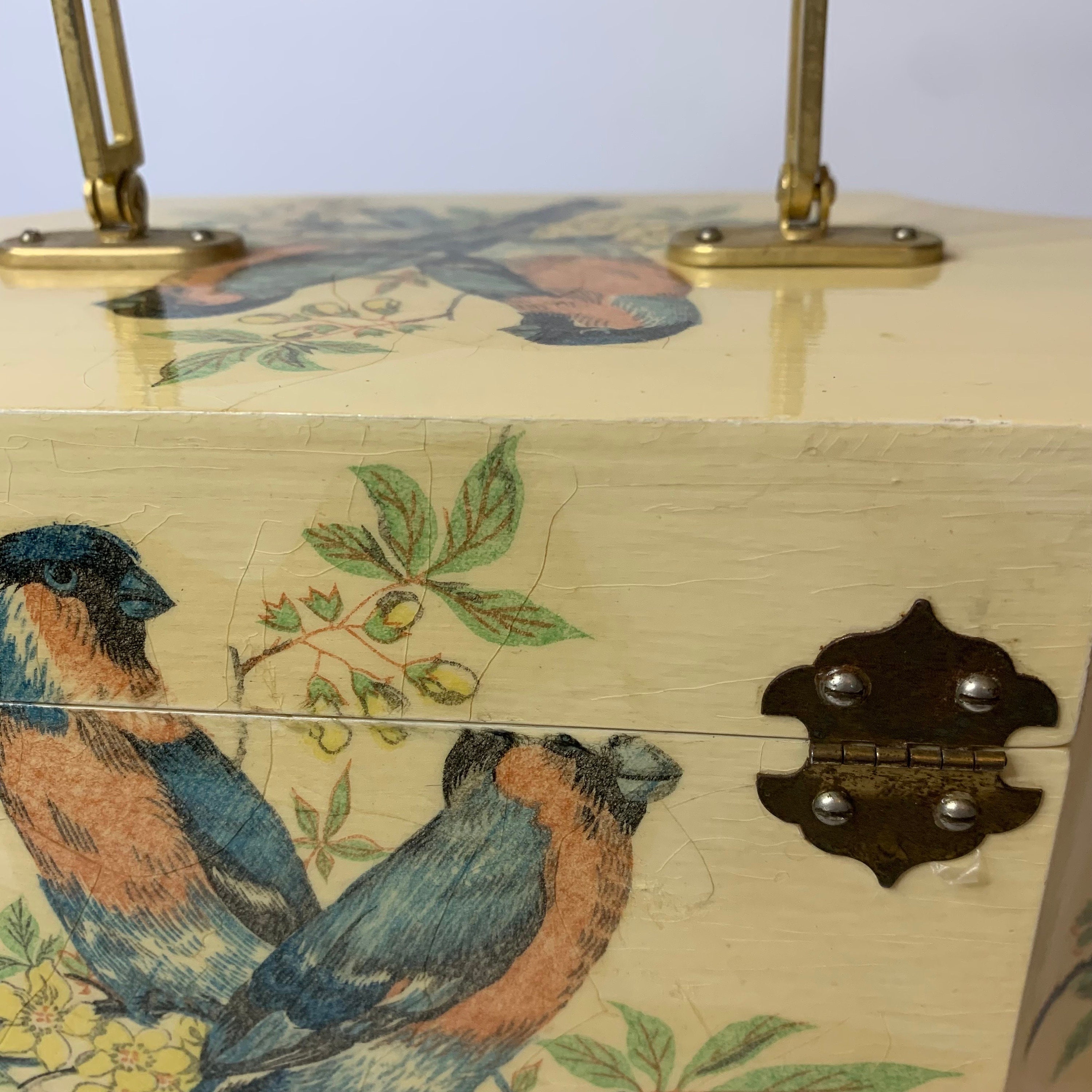 Decoupage Vintage 60’s off White Wood Box Purse Handbag Birds Finches ...