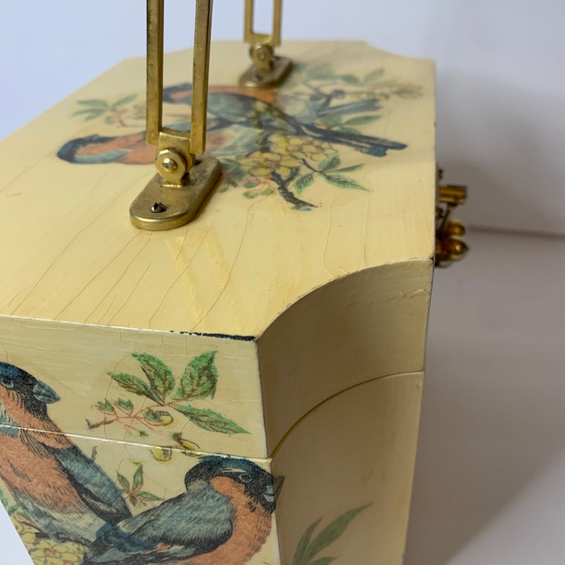 Decoupage Vintage 60’s off White Wood Box Purse Handbag Birds Finches ...