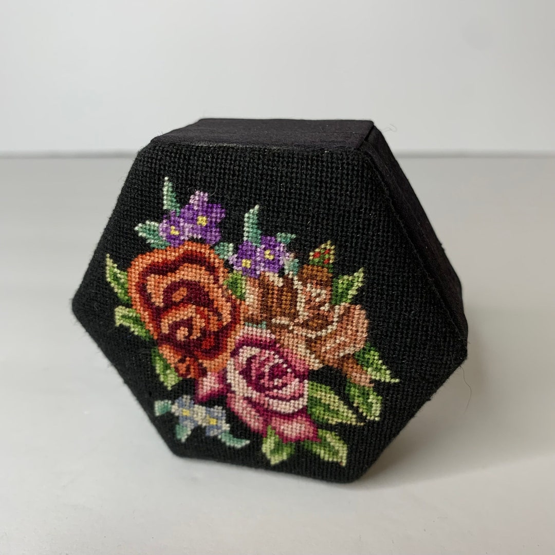 Embroidered Vintage Cabbage Roses Floral Petit Point & Black Silk ...