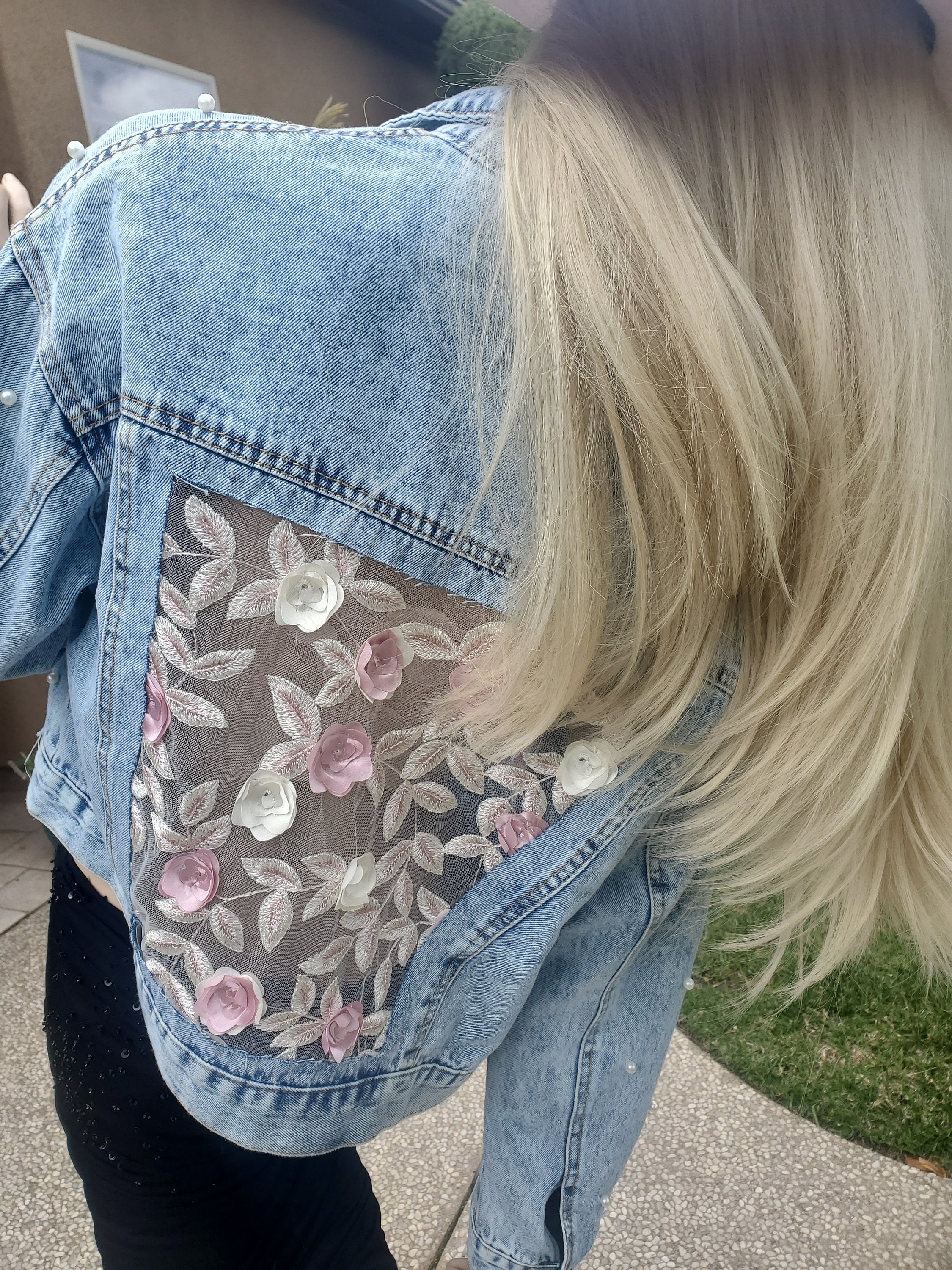 Floral Mesh Denim Jacket / Boho Denim Jacket / Rhinestone Denim Jacket ...