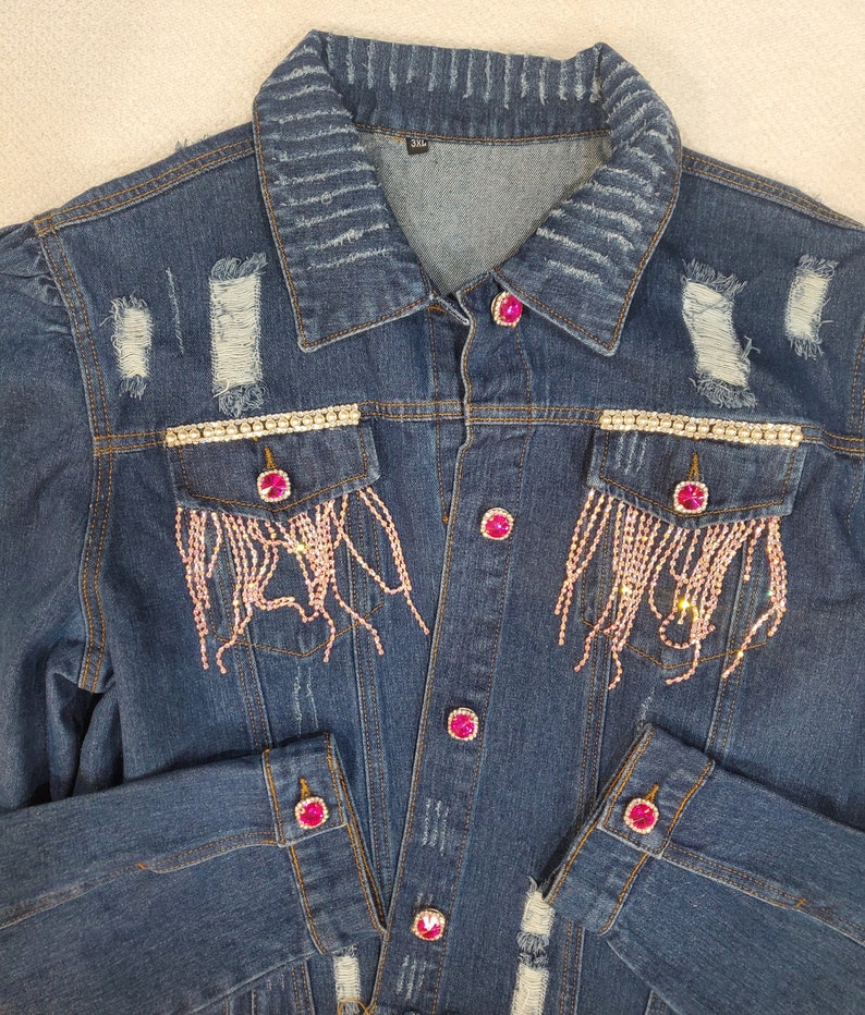 Rhinestone Vintage Denim Jacket / Custom Denim Jacket/ Pink Rhinestones ...