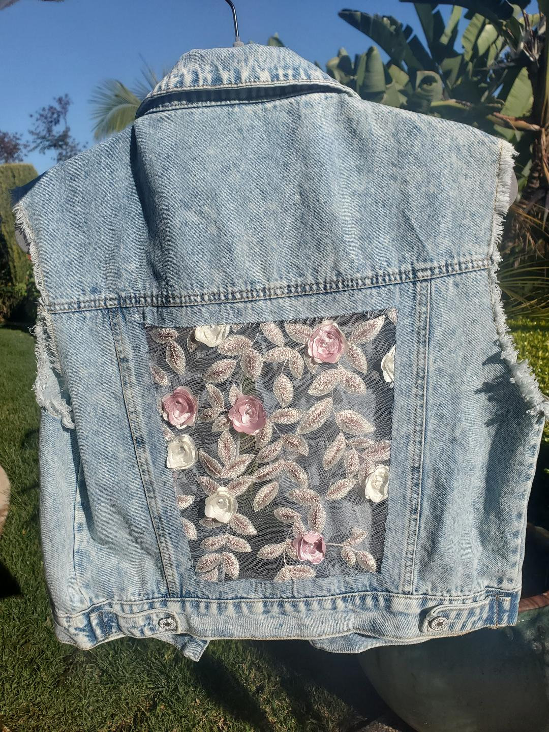 Boho Sheer Mesh Denim Vest / Floral Mesh Denim Vest / Bride Jacket ...