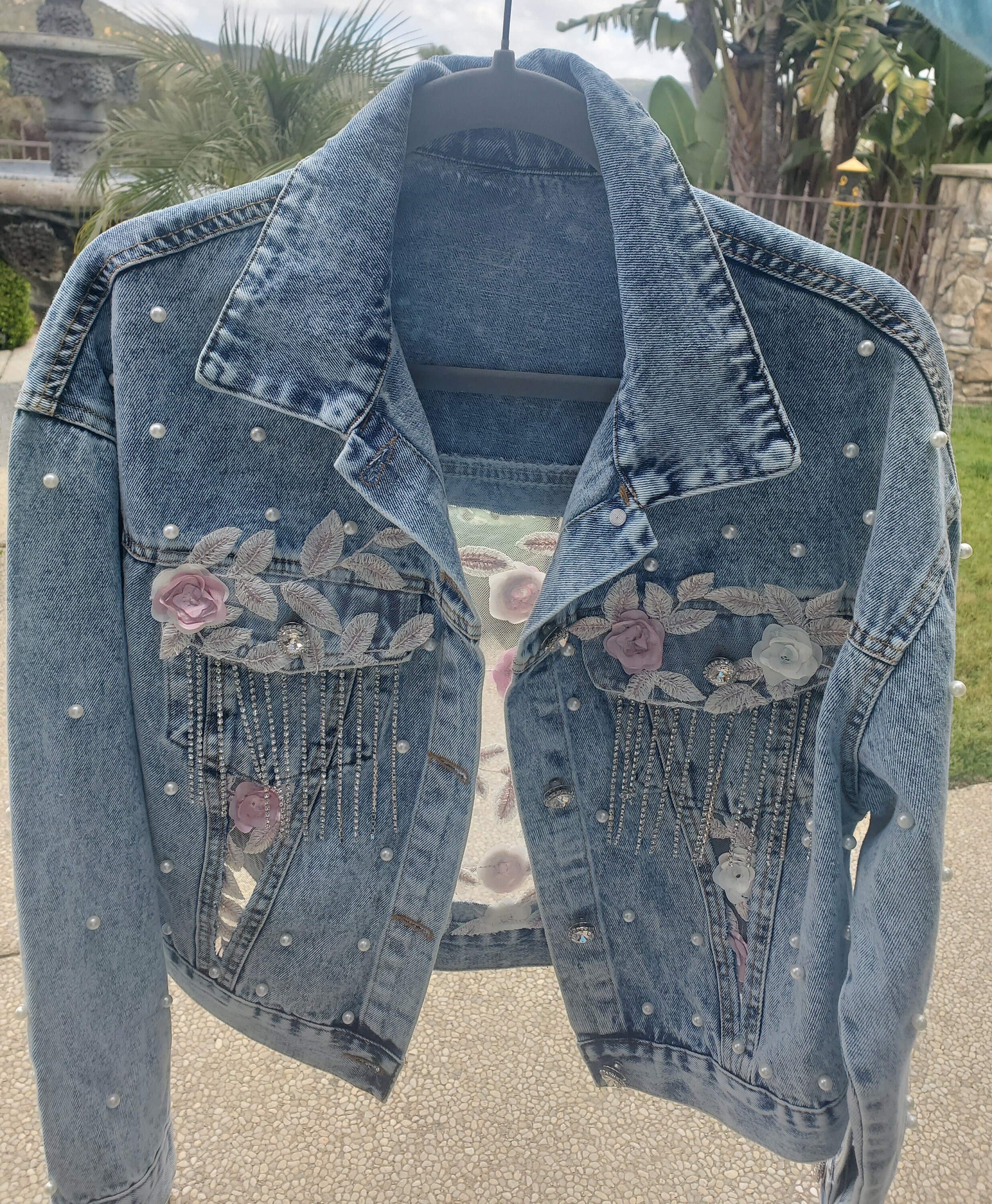 Floral Mesh Denim Jacket / Boho Denim Jacket / Rhinestone Denim Jacket ...