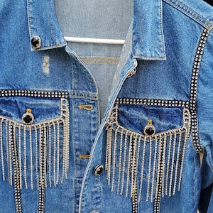 Rhinestone Denim Jacket, Fringe Denim Jacket, Distressed Denim Jacket ...