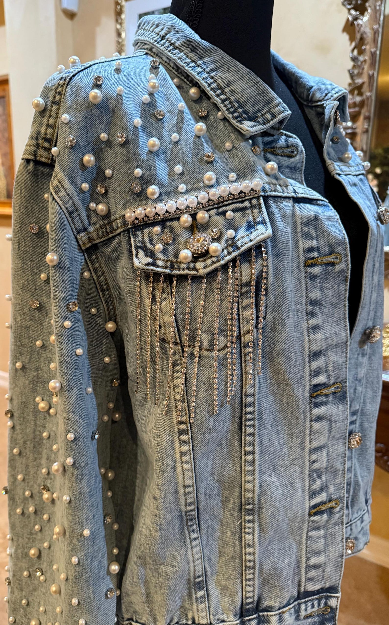 Pearl & Diamond Rhinestone Denim Jacket - Etsy