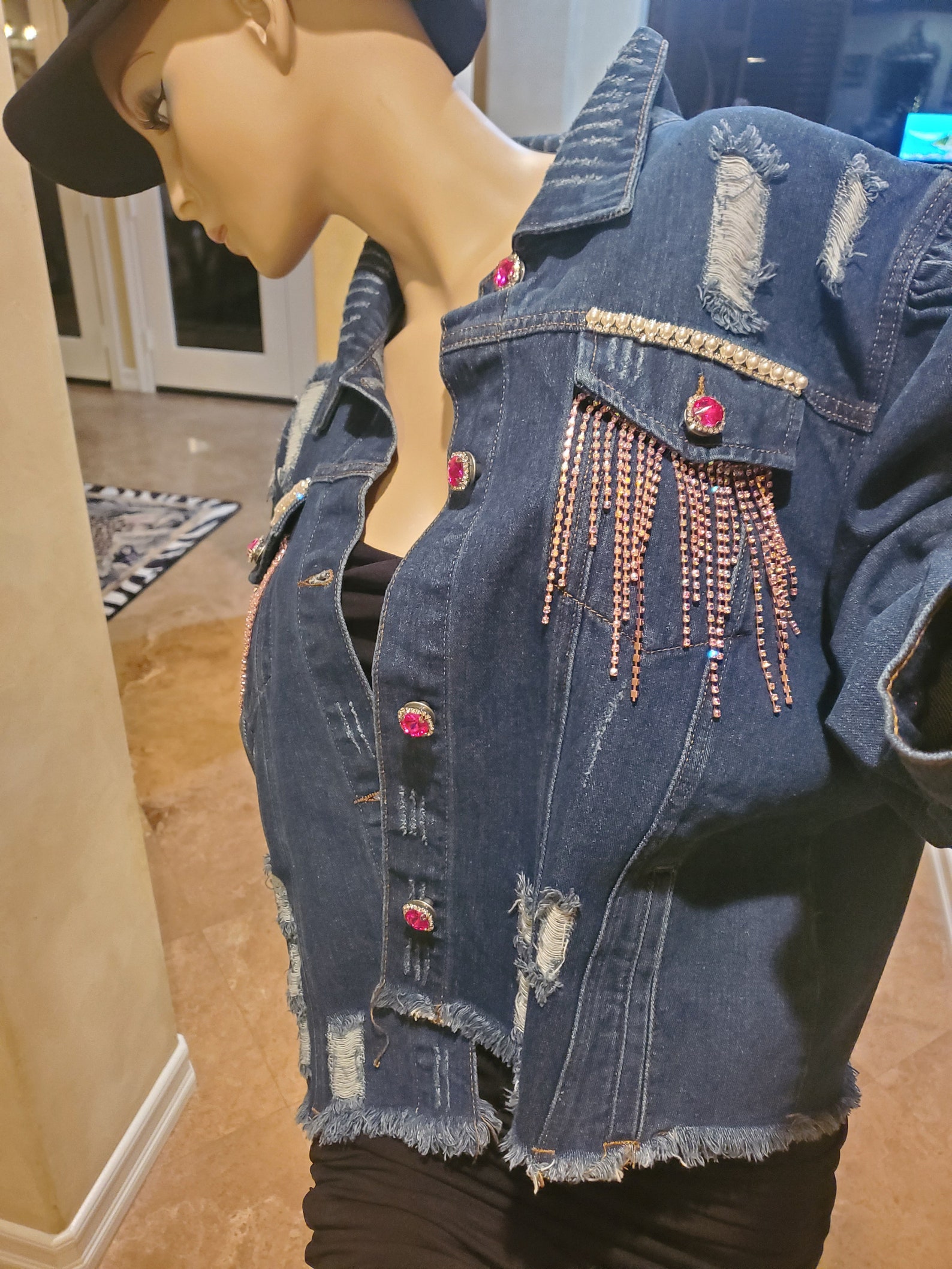 Rhinestone Vintage Denim Jacket / Custom Denim Jacket/ Pink Rhinestones ...