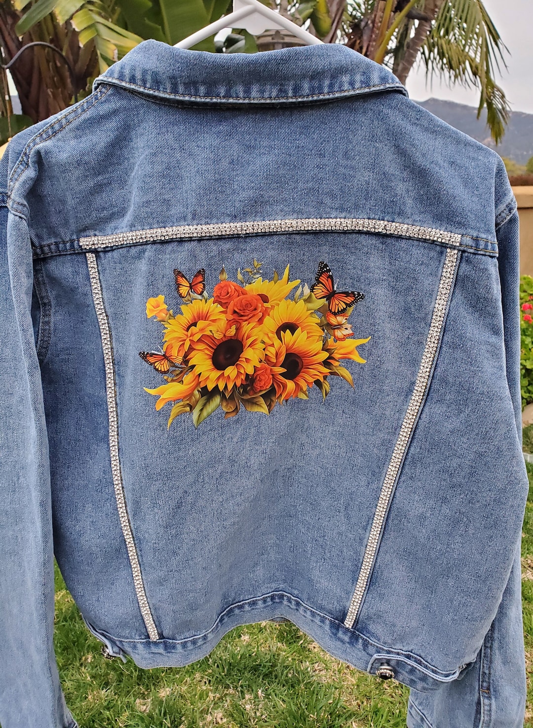 Denim Sunflower Crop Jacket / Denim Crop Jacket / Bedazzled Crop Jacket ...