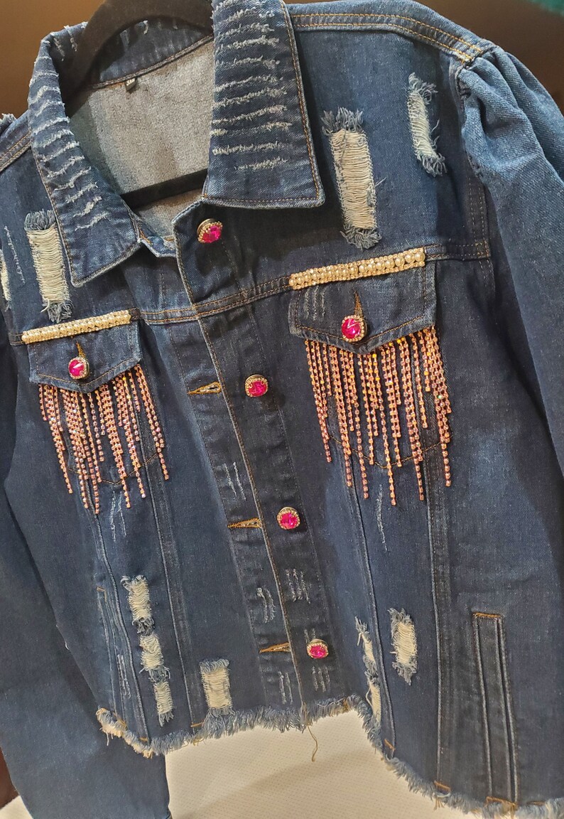 Rhinestone Vintage Denim Jacket / Custom Denim Jacket/ Pink Rhinestones ...