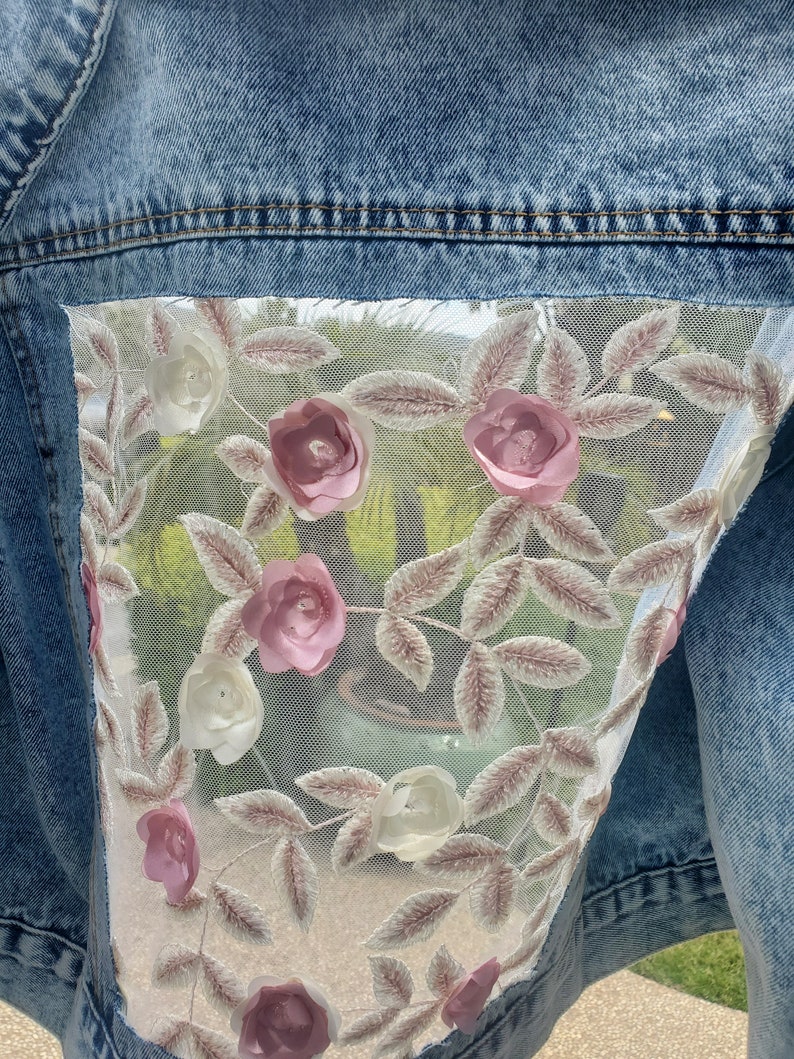 Floral Mesh Denim Jacket / Boho Denim Jacket / Rhinestone Denim Jacket ...