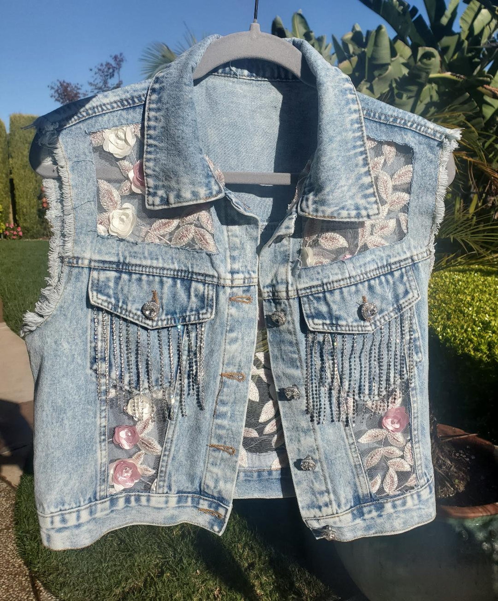 Boho Sheer Mesh Denim Vest / Floral Mesh Denim Vest / Bride Jacket ...