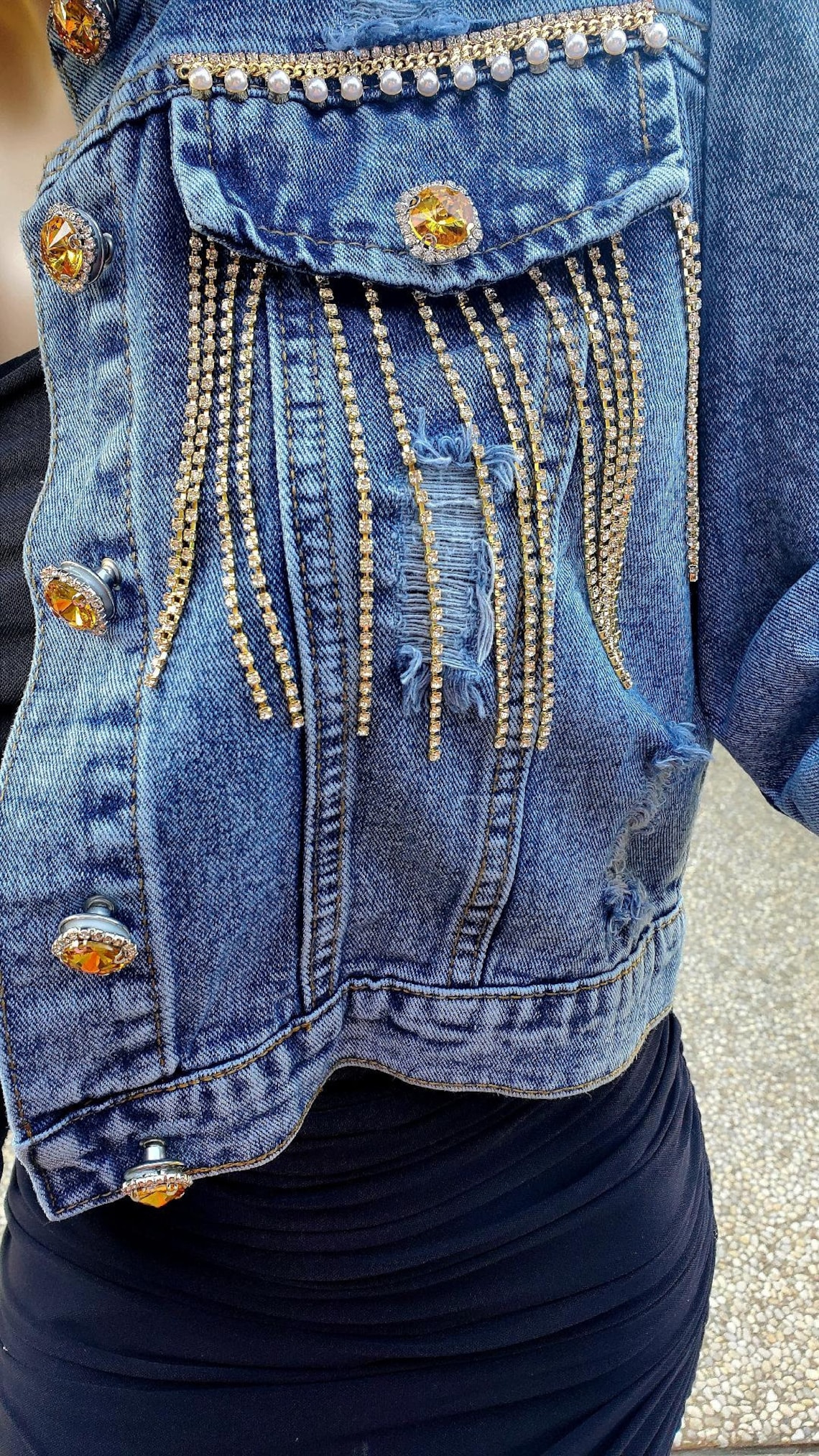 Retro Denim Jacket/ Embellished Rhinestone Denim Jacket / Distressed ...