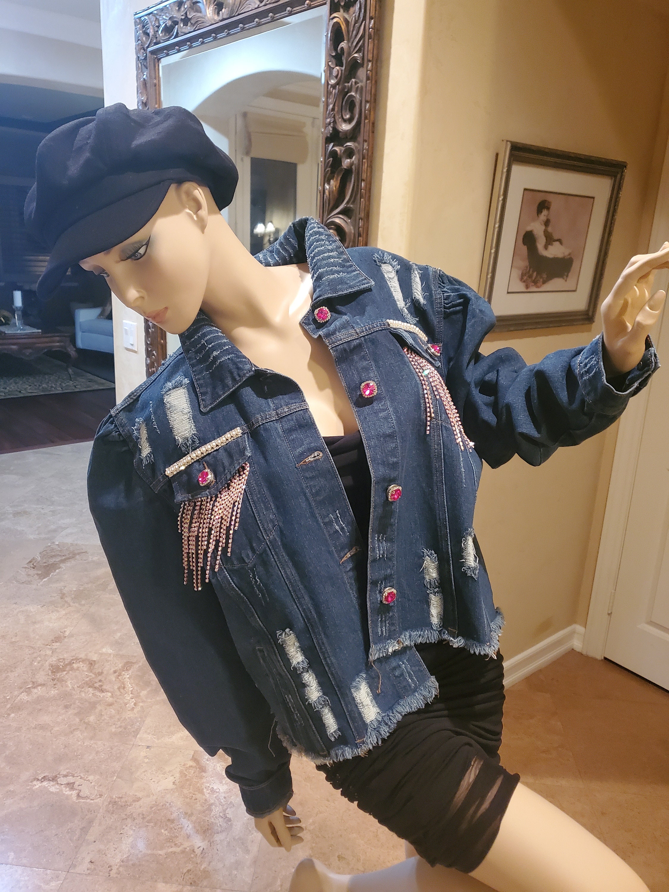 Rhinestone Vintage Denim Jacket / Custom Denim Jacket/ Pink Rhinestones ...