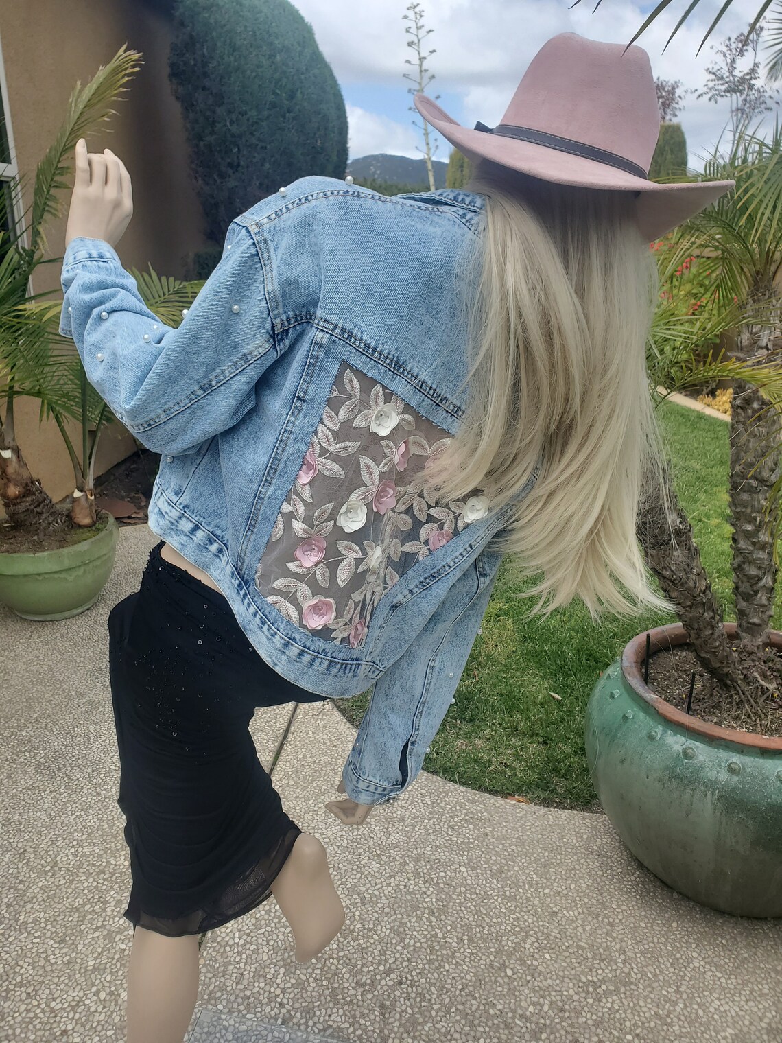 Floral Mesh Denim Jacket / Boho Denim Jacket / Rhinestone Denim Jacket ...