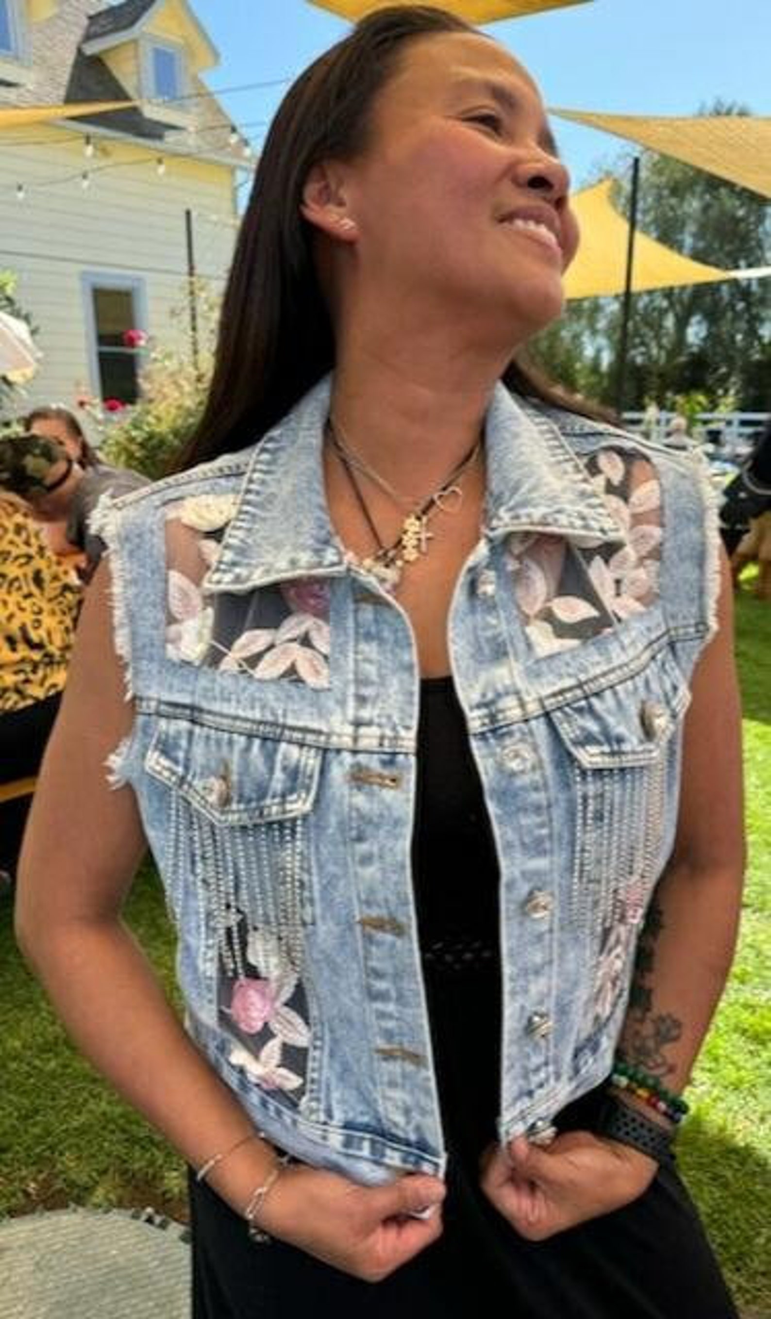 Boho Sheer Mesh Denim Vest / Floral Mesh Denim Vest / Bride Jacket ...