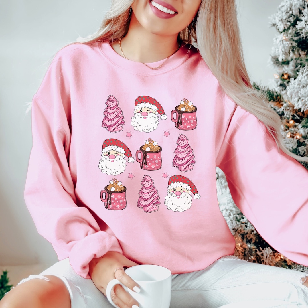 Pink Christmas Tree Sweatshirt, Retro Santa Sweatshirt, Christmas Tree ...