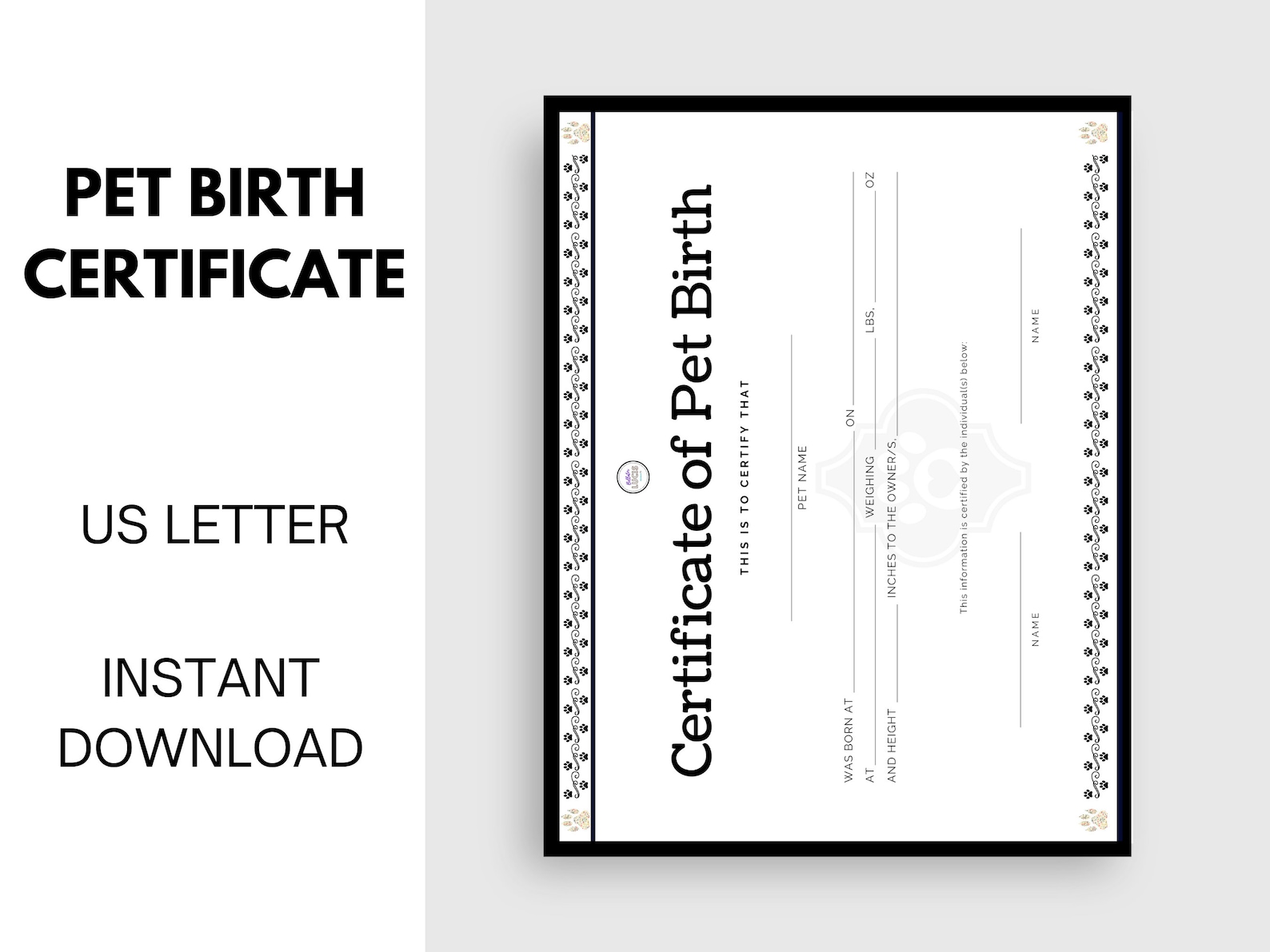 Pet Birth Certificate Printable Certificate of Birth for Your New Pet ...