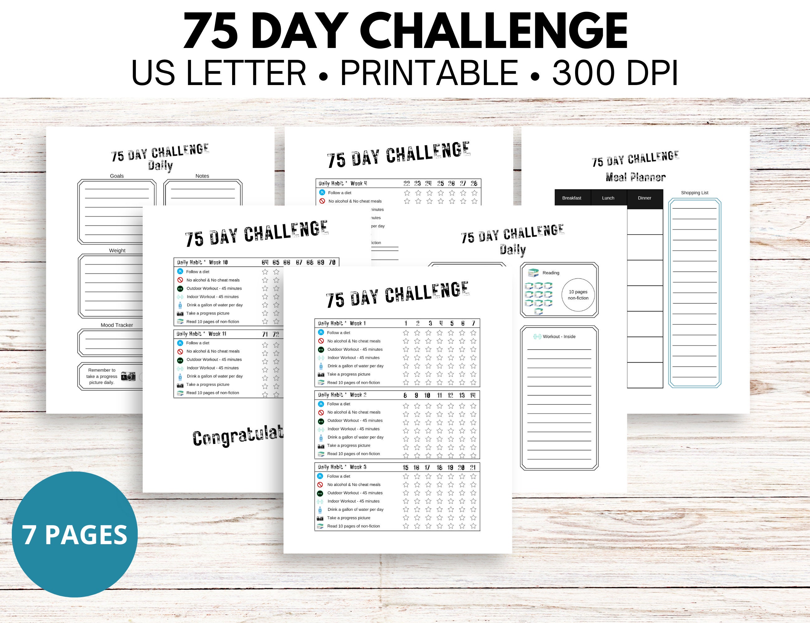 75 Day Challenge Fitness Tracker Printable Log Record Keeper Health and ...