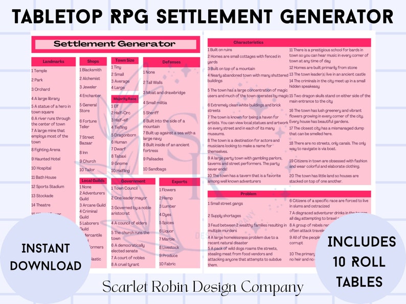 DND Settlement Generator | TTRPG Role Tables | DM Tools Town Creator - Etsy