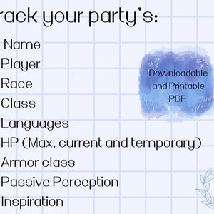 Printable Party Tracker for Dungeons and Dragons | Party Reference ...