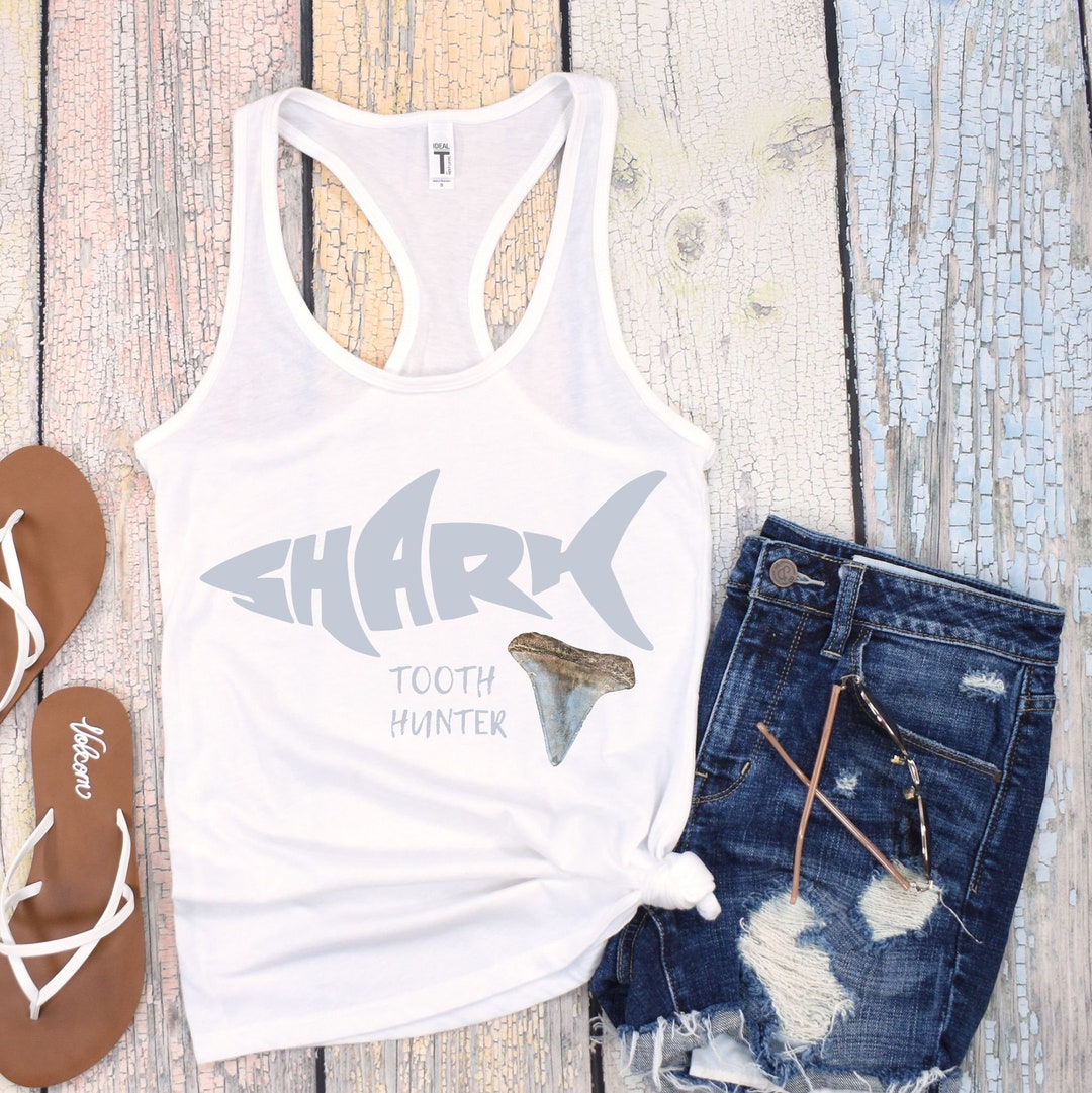 Shark Tooth Hunter Tank, Shark Tooth Shirt, Summer Beach Tank Top Shark ...