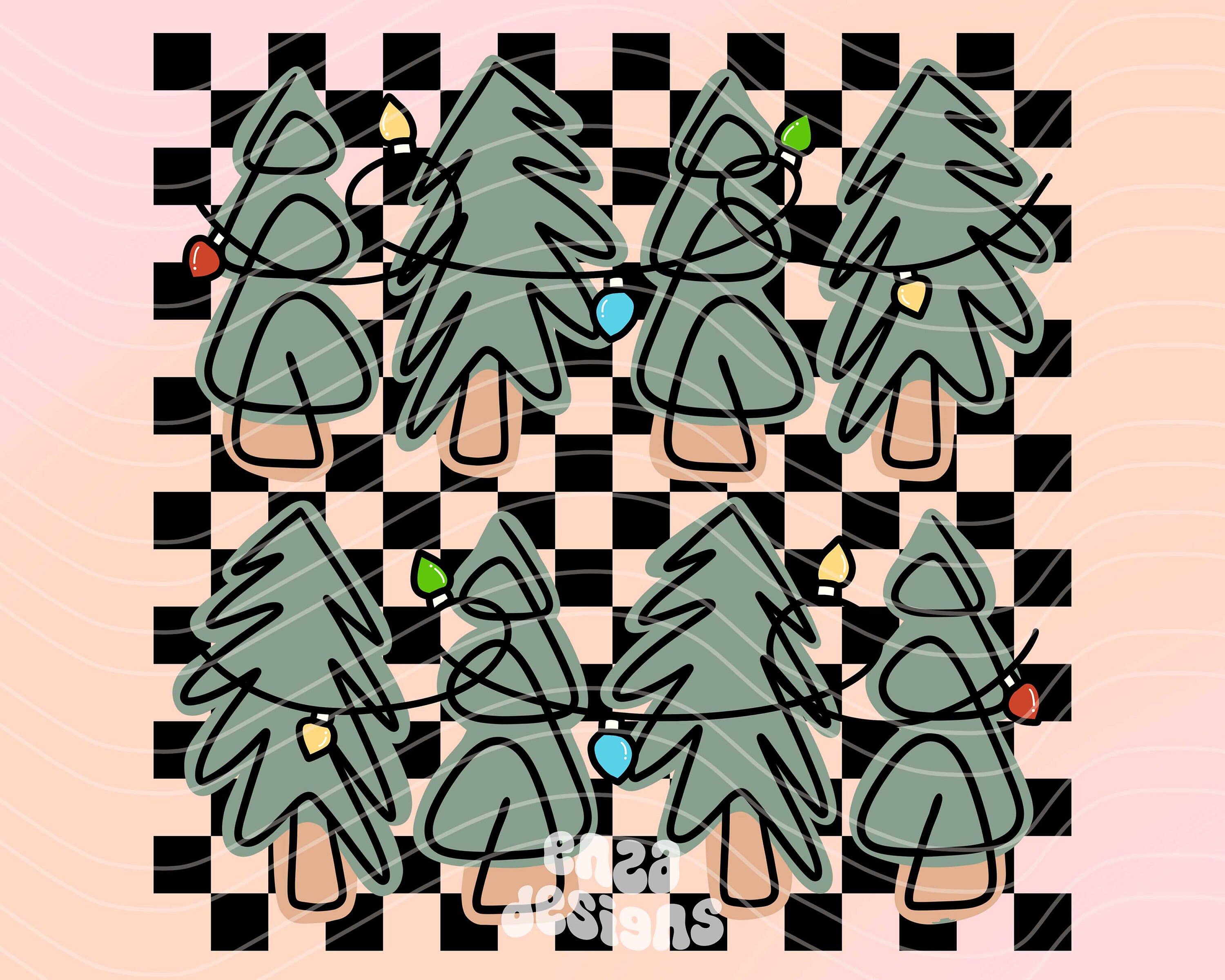 Green Retro Christmas Trees With Lights Png, Checkered Trees ...