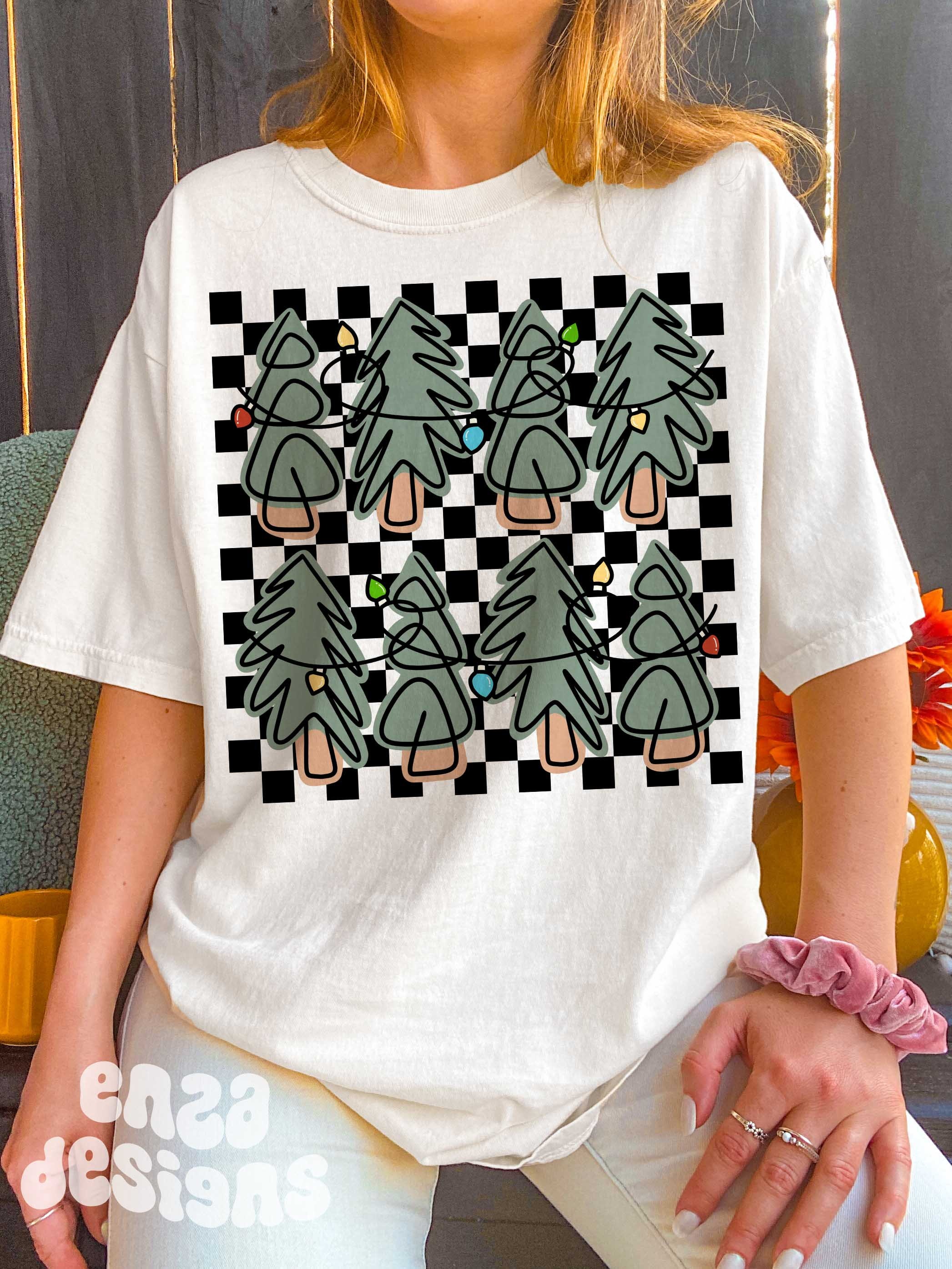 Green Retro Christmas Trees With Lights Png, Checkered Trees ...