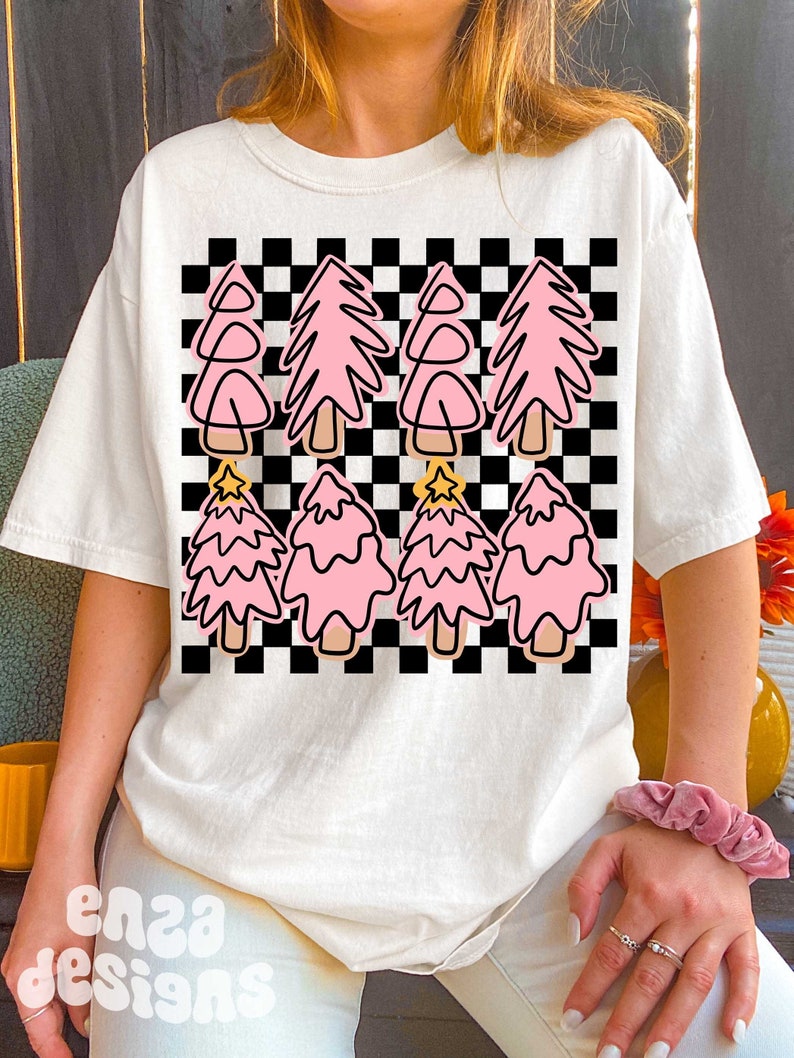 Checkered Pink Trees Png, Pink Christmas Png, Retro Christmas Png, Pink ...