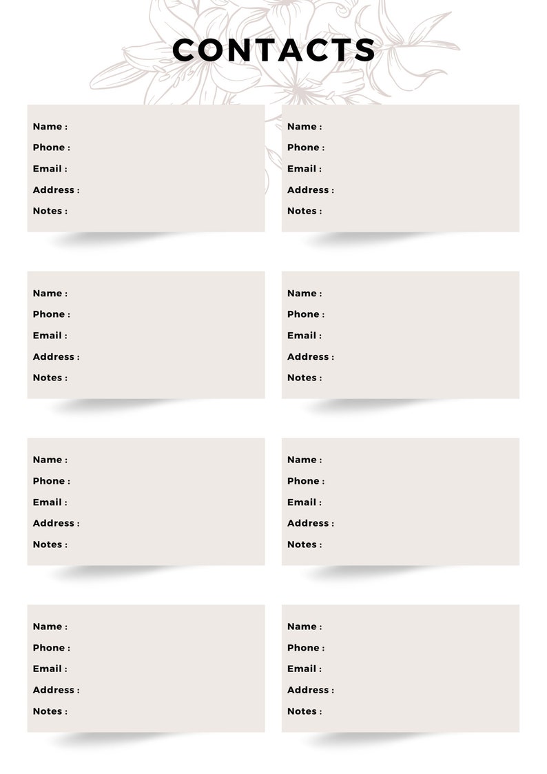 Printable Contacts List A4 Inserts, Emergency Contacts, Contact ...