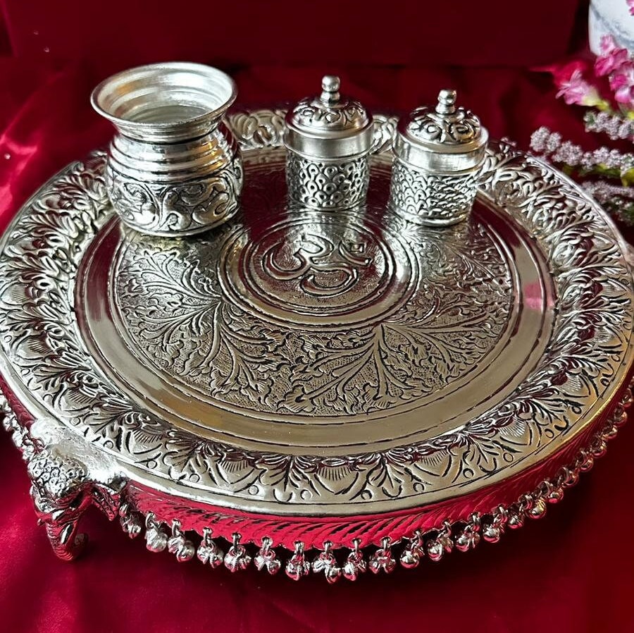 Handcrafted German Silver Puja Thali Set With Velvet Box: Wedding Gift ...