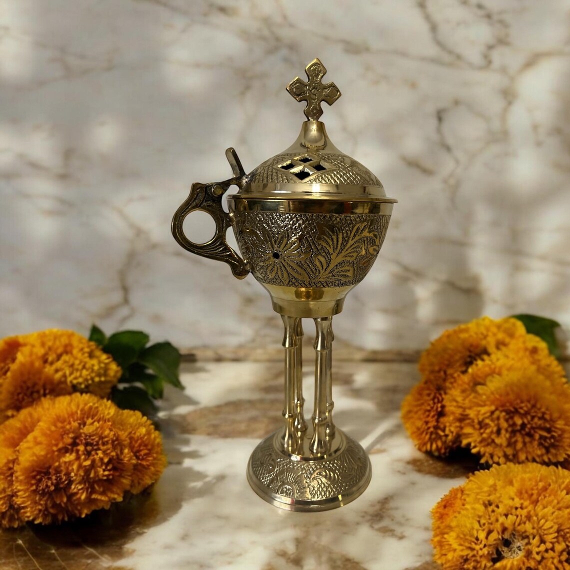 Vintage Loban Lamp Golden Brass Dhuni Havan Cup Holder Incense Burner ...