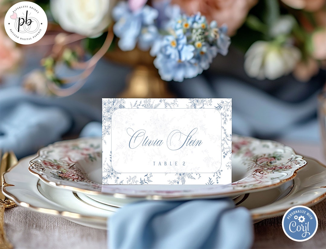 Blue Line Art Place Card Template, Botanical Wedding, Flat & Tent Place ...