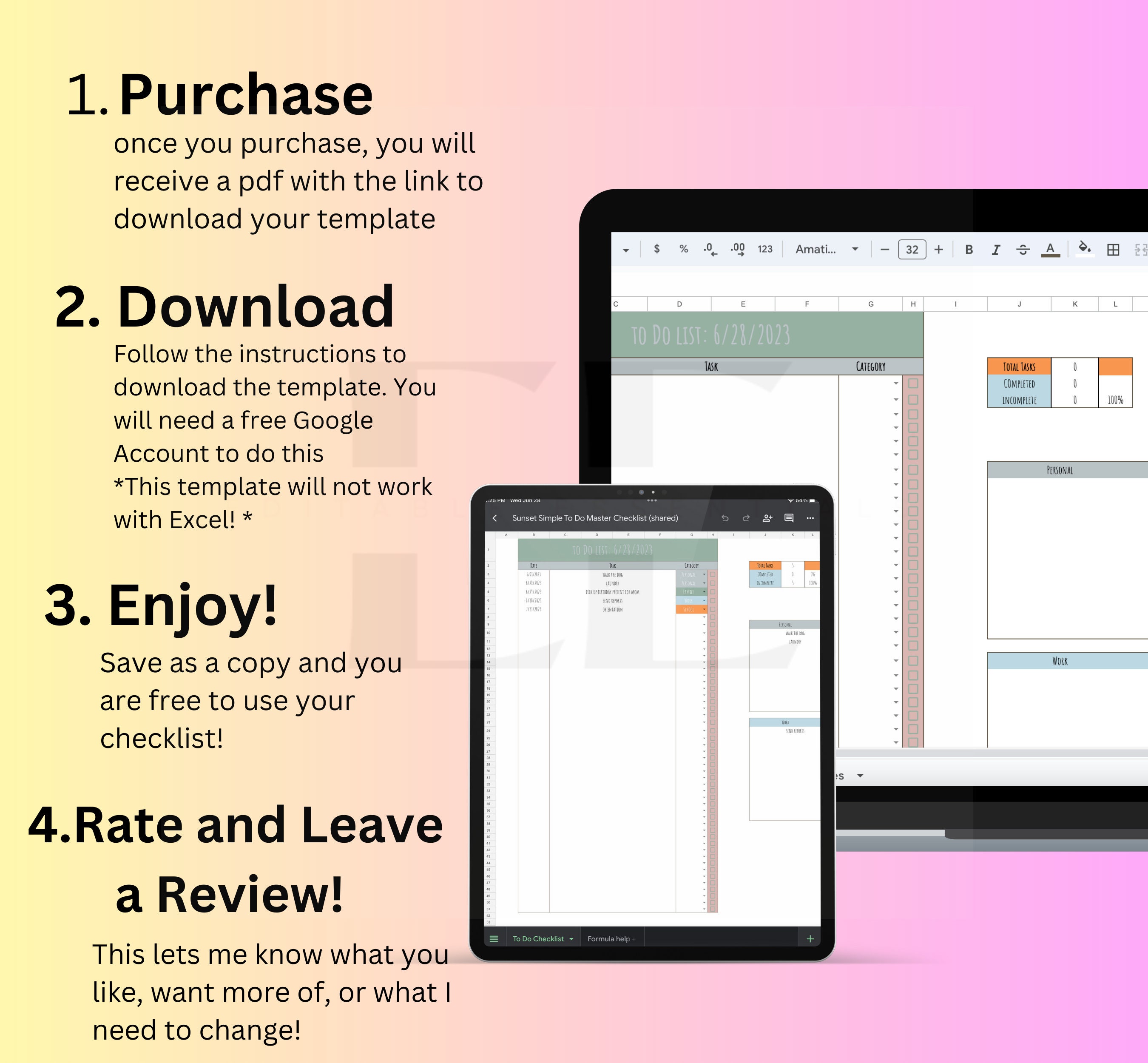 Sunset Simple to Do Checklist, Google Sheets, Google Sheets Template ...