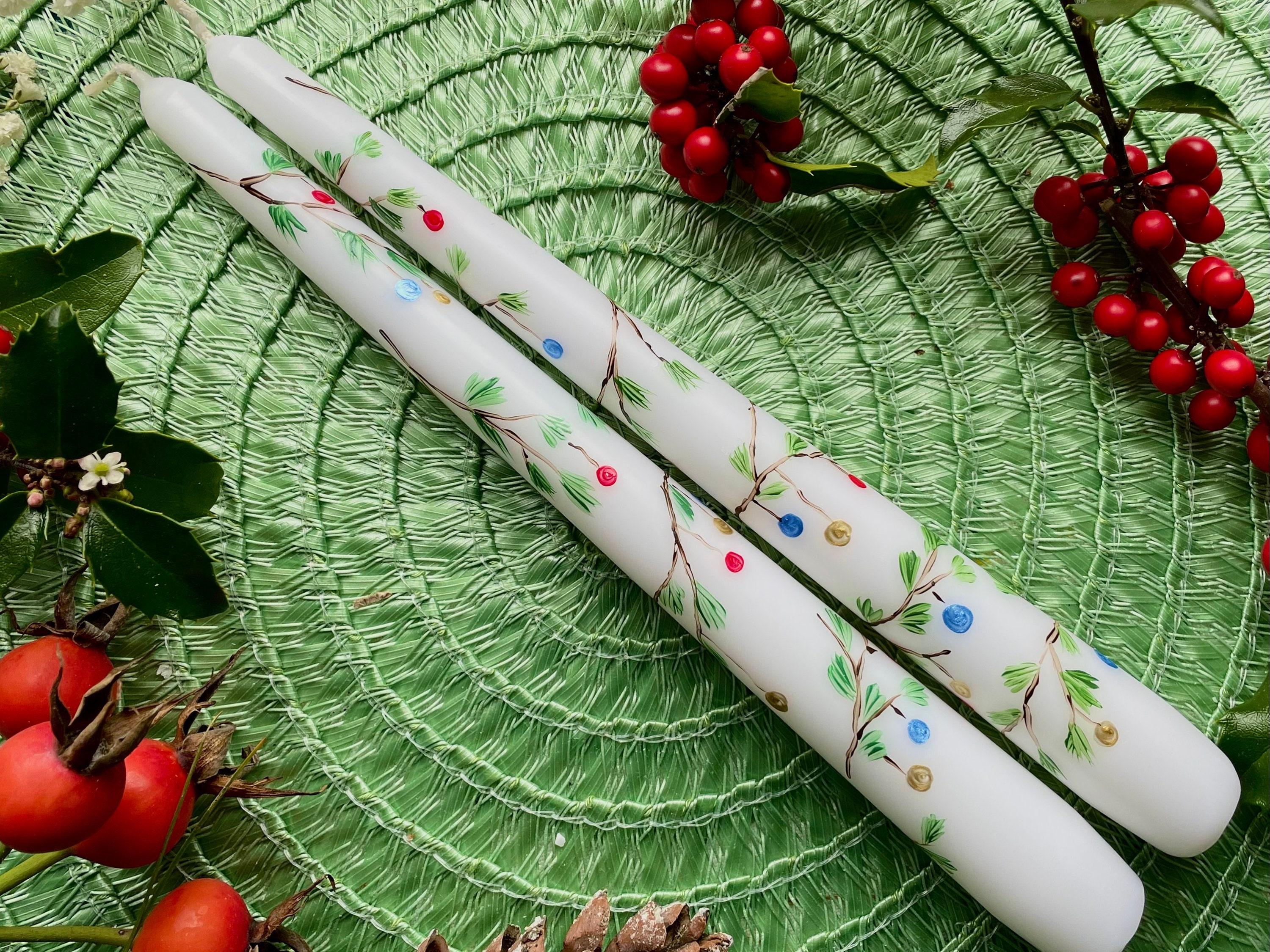 Set of 2 Hand Painted Christmas Candles, Christmas Candlestick, Taper ...