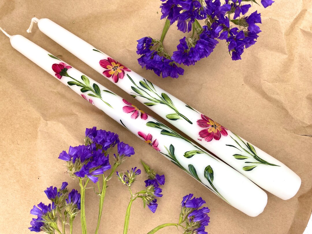 Set of 2 Hand Painted Taper Candles , Floral Taper Candles , Flower ...