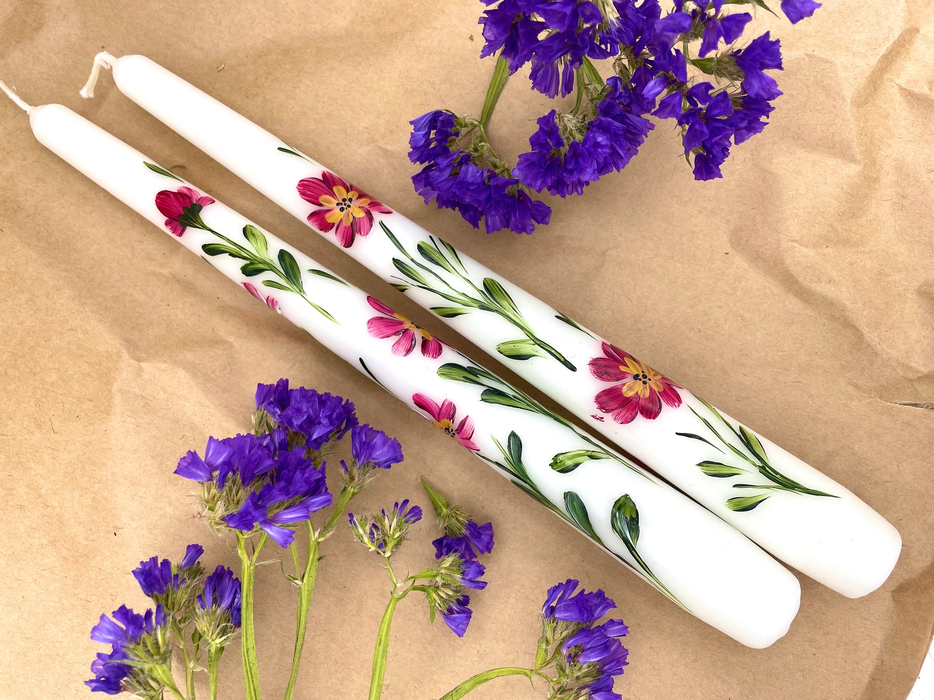 Hand Painted Floral Taper Candles - Set of 2 - Table Decor - Etsy