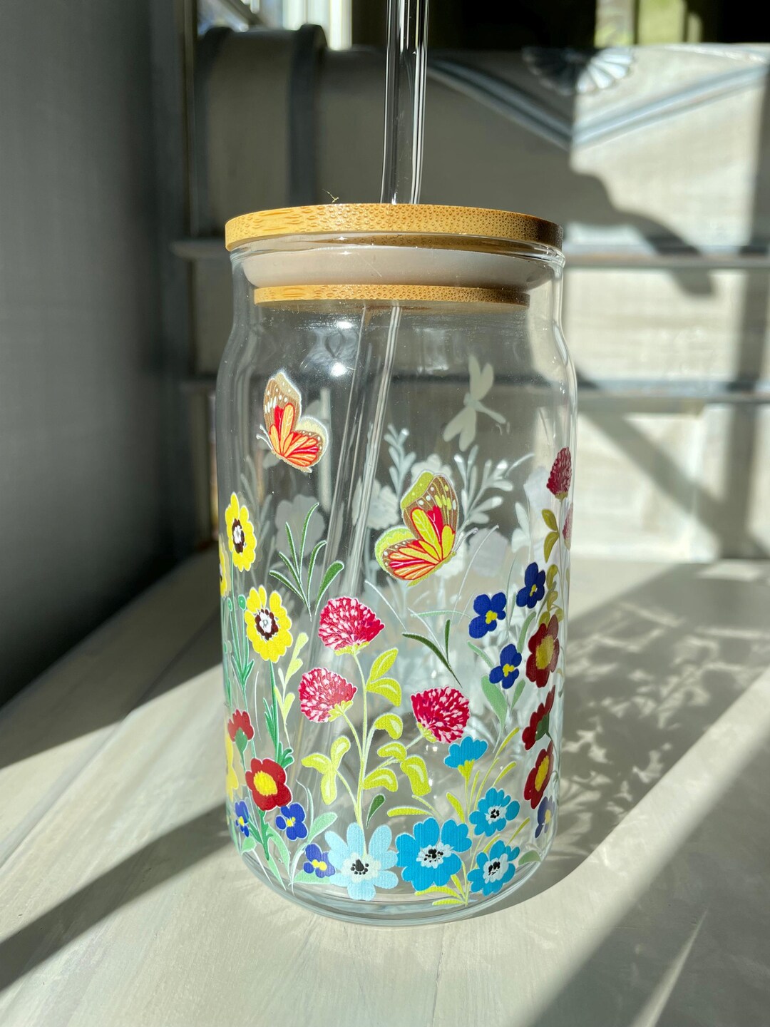 Colorful Garden Glass Can With Lid and Straw, 16oz Glass Can, UV Print ...
