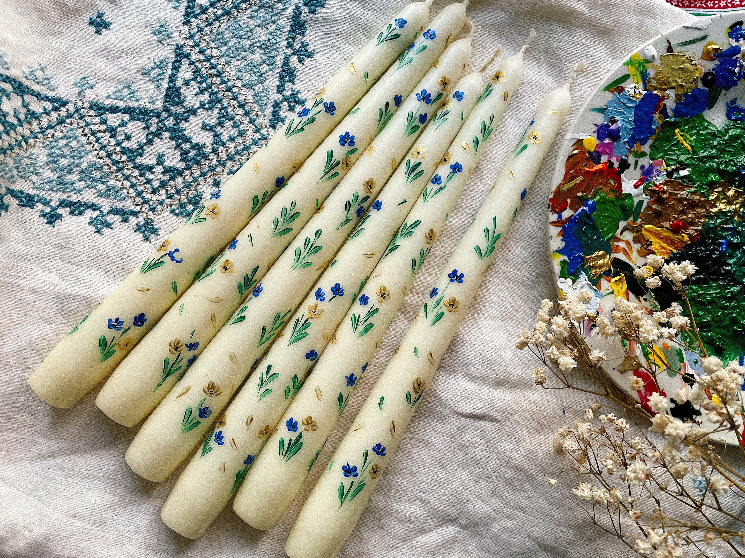Set of 2 Hand Painted Taper Candles , Floral Taper Candles , Flower ...