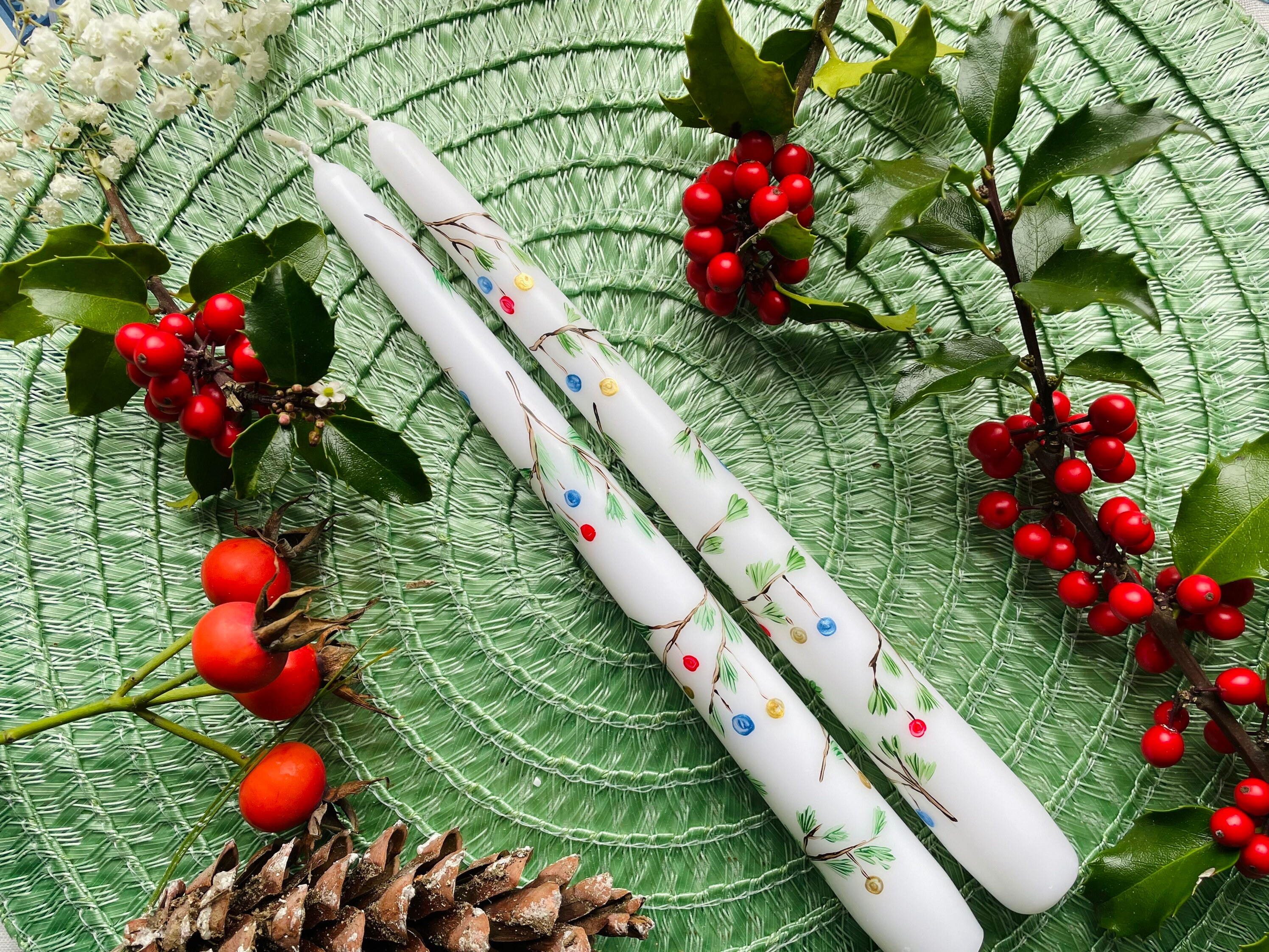 Set of 2 Hand Painted Christmas Candles, Christmas Candlestick, Taper ...