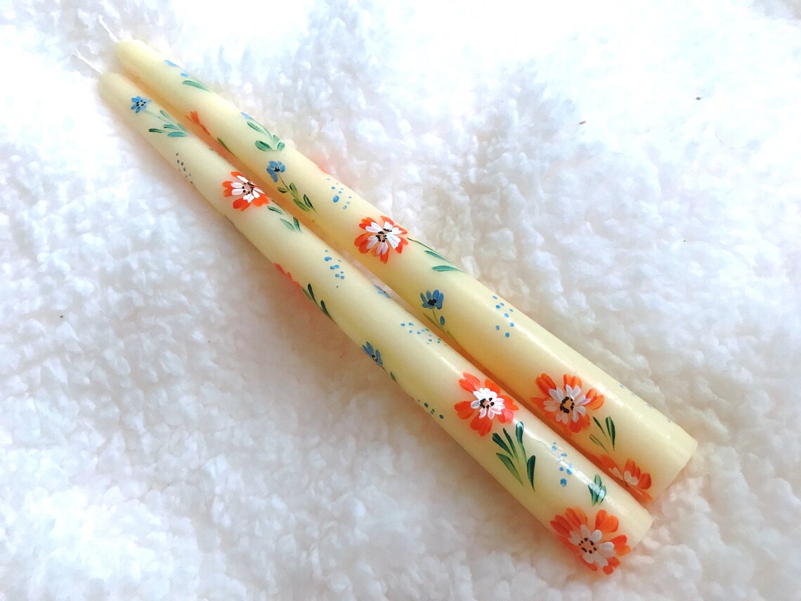 Set of 2 Hand Painted Taper Candles Floral Taper Candles - Etsy